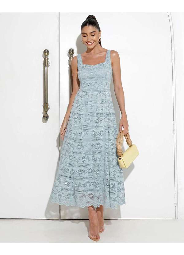 Vestido Miss Misses Longo Renda com Ziper Azul Azul - Dress Us