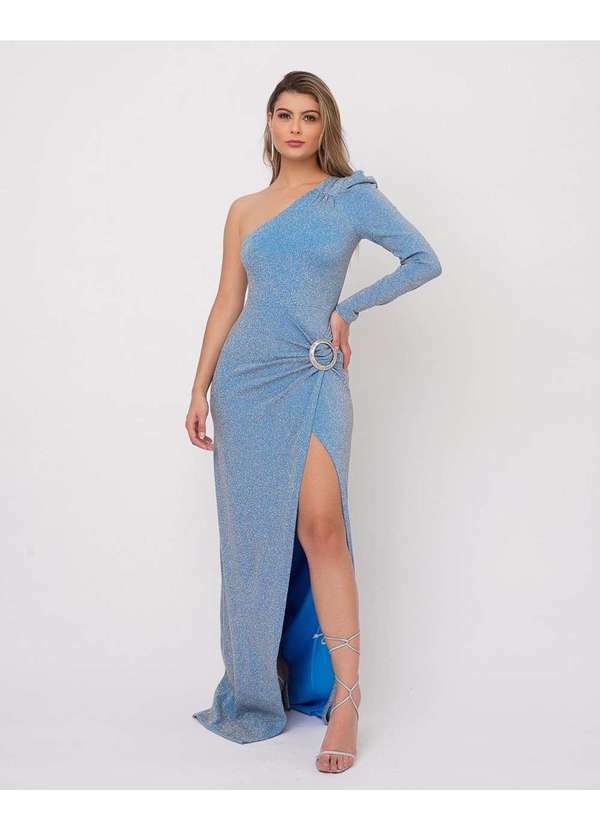 Vestido Miss Misses Longo um Ombro So Lurex Azul Azul - Dress Us