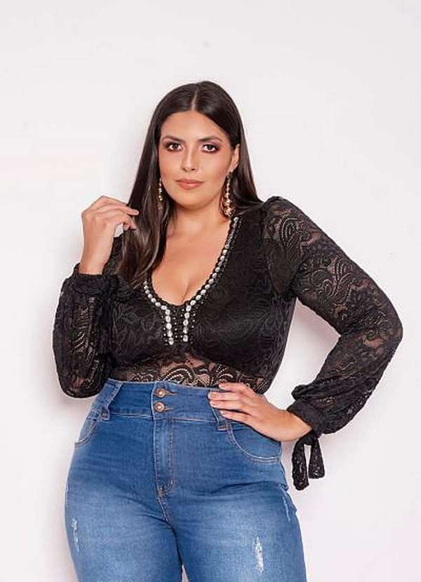 Body Plus Size Renda Bordado Preto - Ana Maya Curves