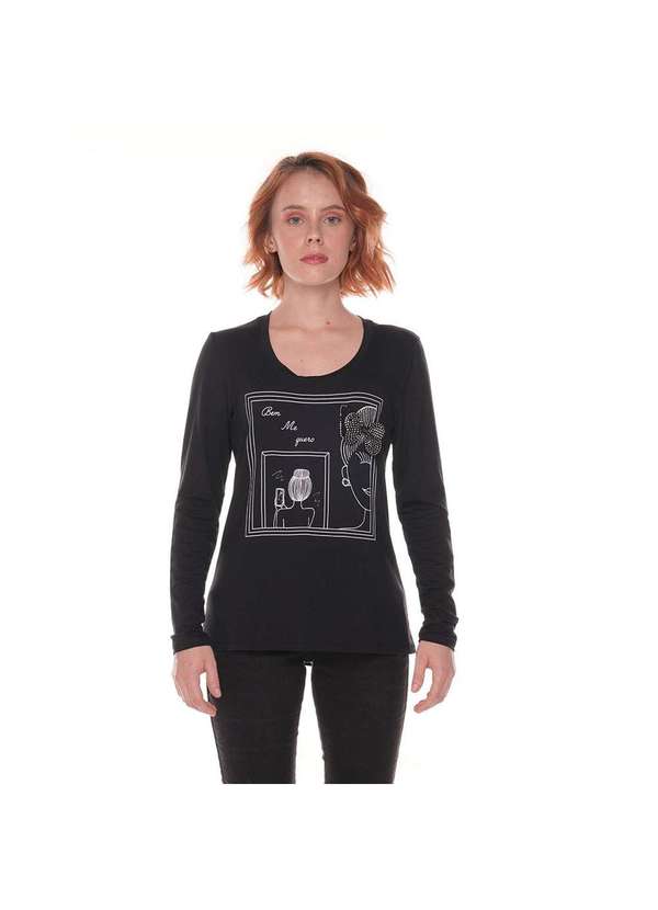 Blusa Daniela Cristina Gola U Profundo Manga Longa Preto Preto - We Happy