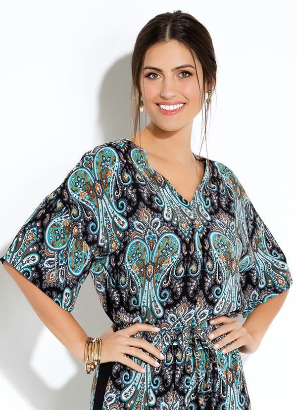 Blusa Quintess Tapeçaria Azul com Decote em V - Quintess
