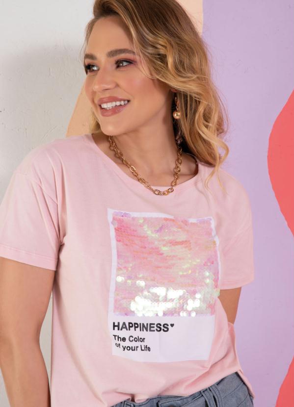 Blusa Rosa Mangas Curtas com Bordado em Paetês - Quintess