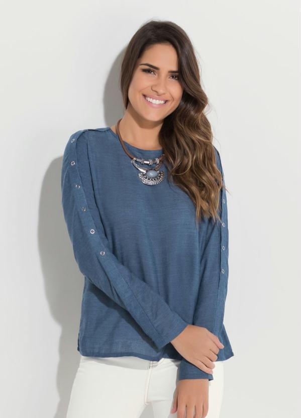 Blusa Azul Quintess Com Botões Nas Mangas Quintess