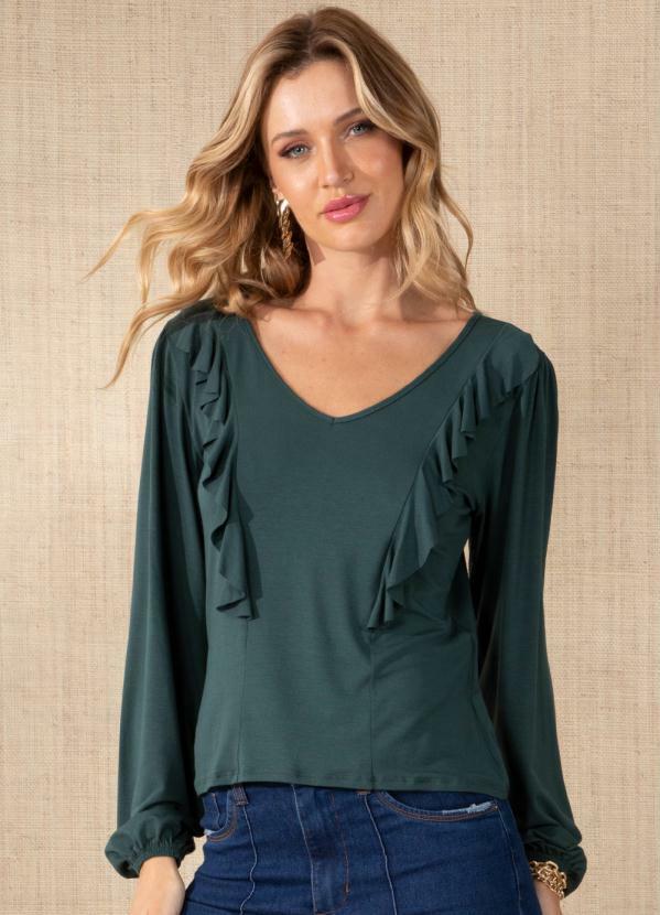 Blusa Verde Manga Longas com Babados - Quintess