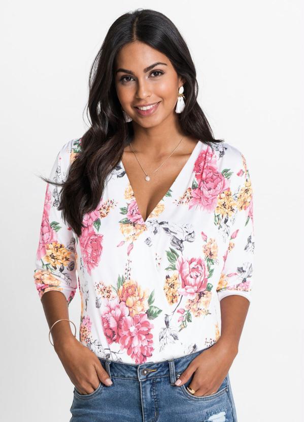 Body Decote Transpassado Floral Branco - Bonprix