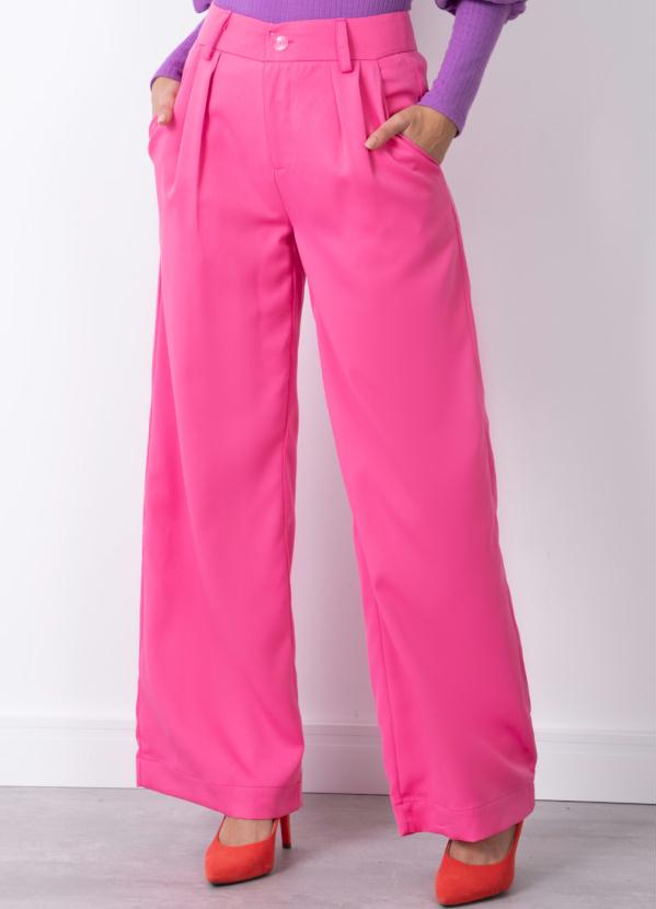 Calça Rosa Pantalona com Pregas e Bolsos - Quintess