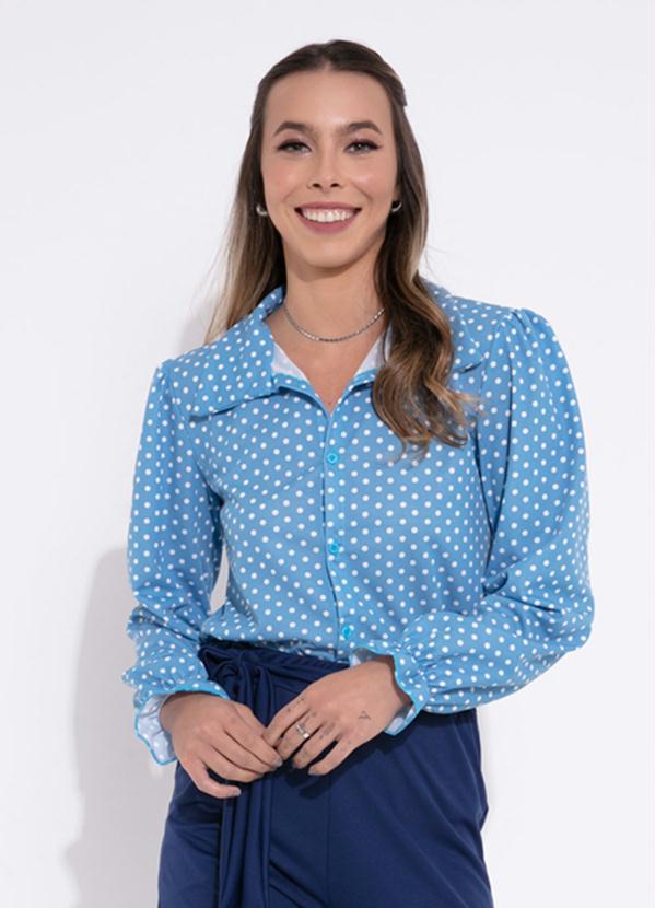 Camisa Poá Azul com Ombros Franzidos - Moda Pop
