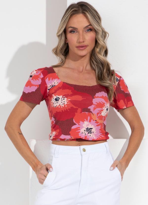 Blusa Floral Vermelho Com Transpasse Nas Costas Quintess