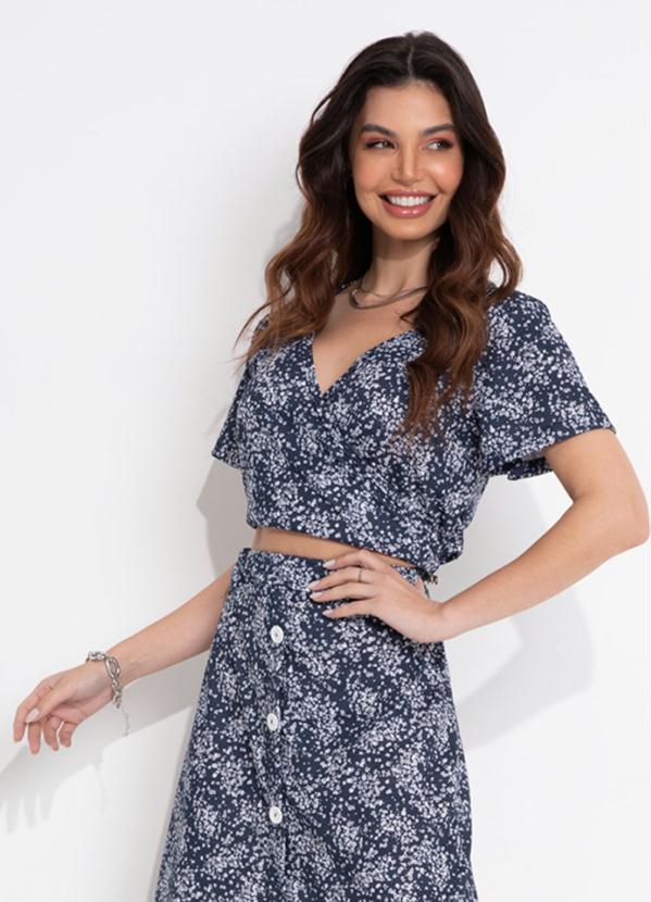 Cropped Floral Marinho com Faixa - Moda Pop