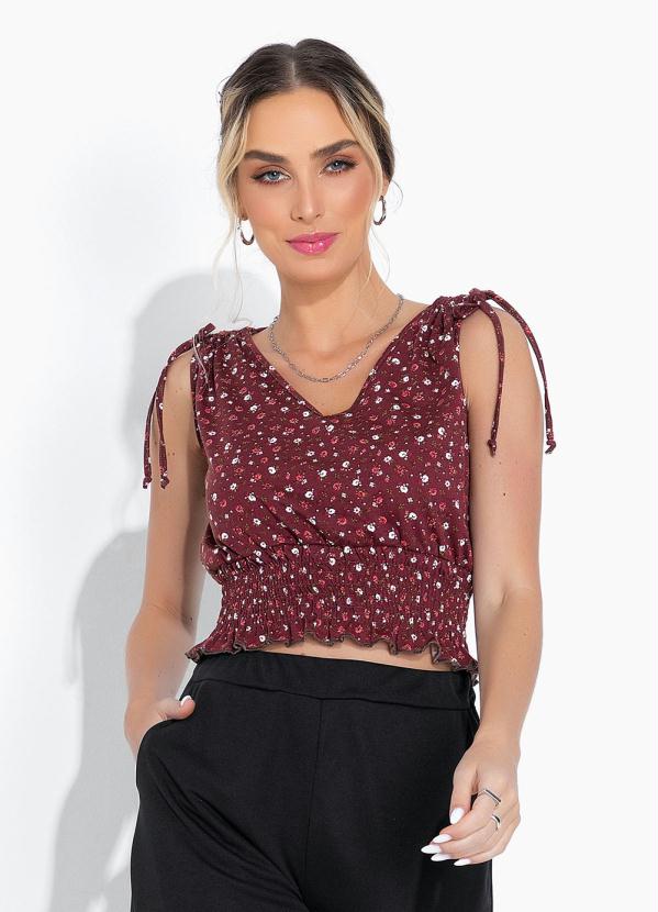 Cropped Mini Floral Decote V e Detalhe no Ombro - Moda Pop