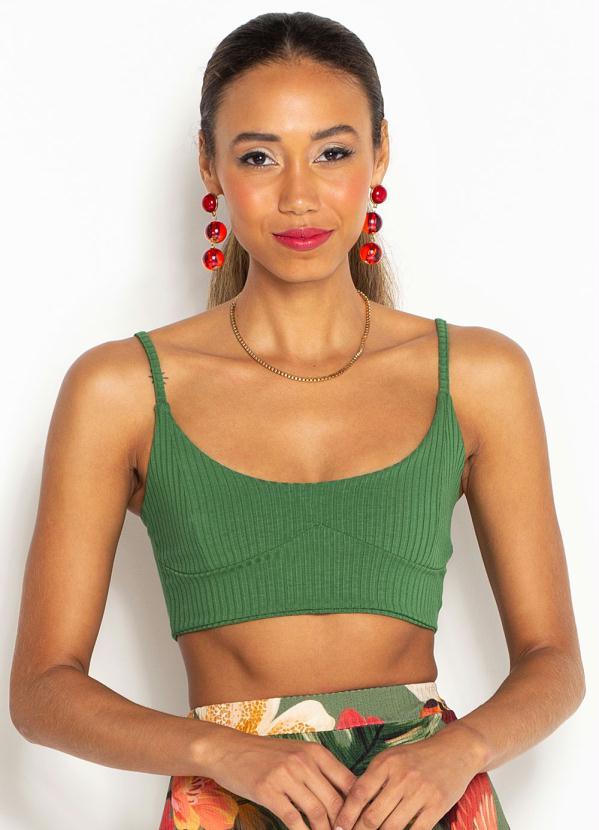 Top Cropped de Malha Canelada Decote V Verde - Farm