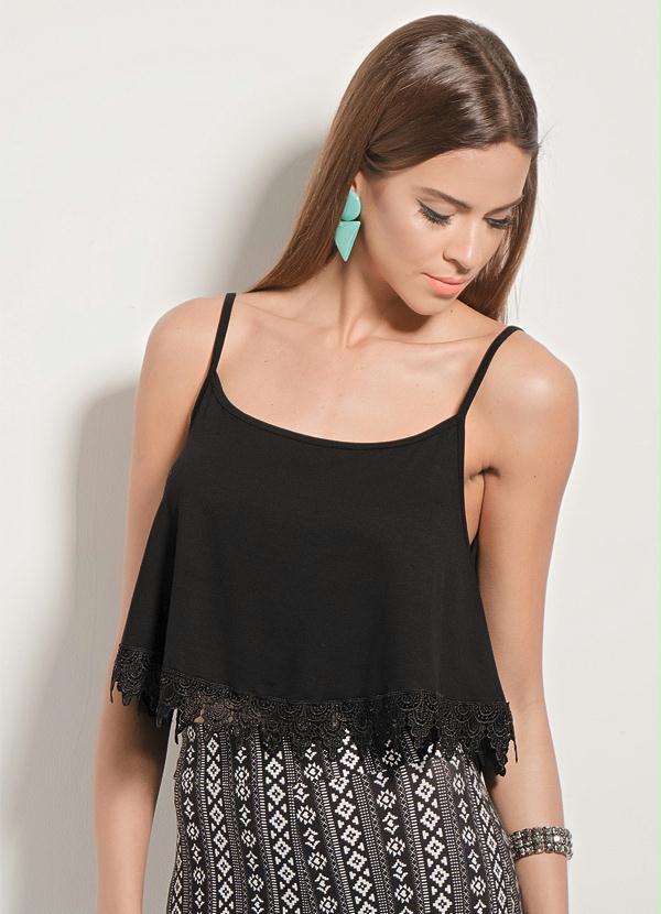 Top Cropped Preto com Renda na Barra Quintess - Quintess