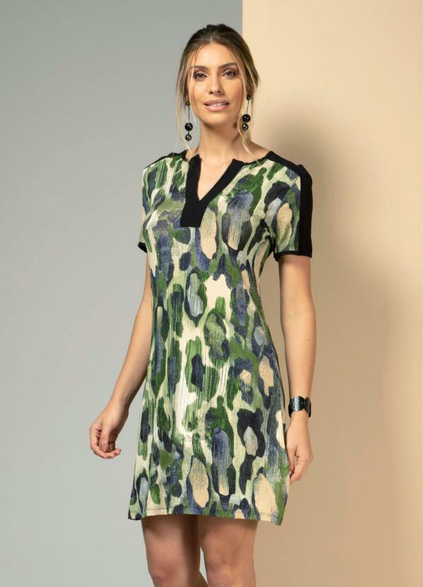 Vestido Clássico Animal Print Verde com Recortes - Quintess