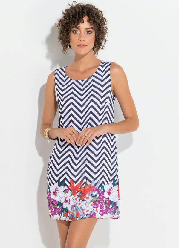 Vestido Quintess Zig Zag E Floral Trapézio Quintess