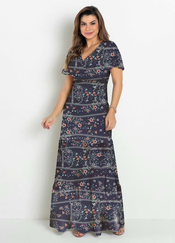 Vestido Camadas Floral Marinho Moda Evangélica - Rosalie