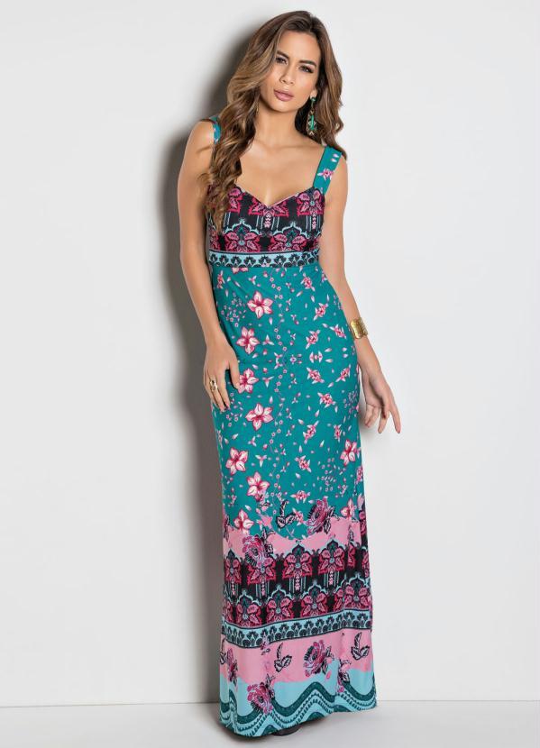 Vestido Longo Estampado Turquesa - Queima de Estoque