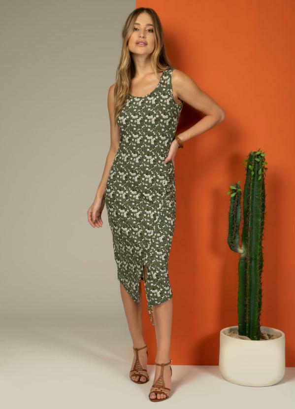 Vestido Midi Florzinha Verde Com Franzido Quintess