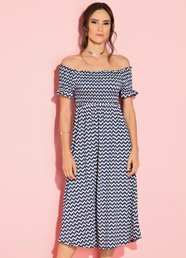Vestido Midi Zig Zag Azul Com Franzido Quintess