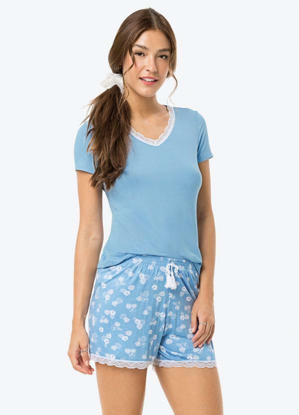 Pijama Azul Claro Estampado com Renda - Malwee
