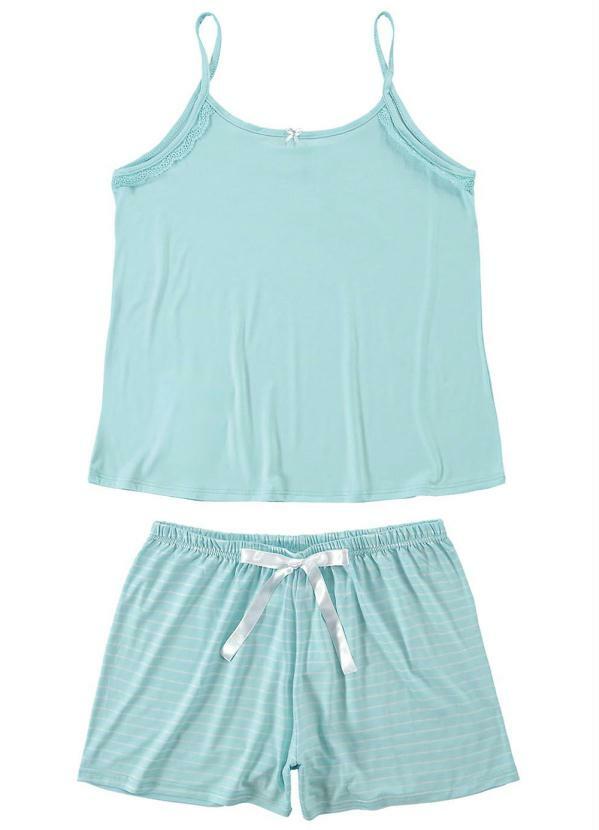 Pijama Azul Listrado com Renda - Malwee