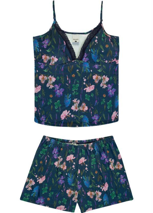 Pijama Azul Marinho Floral com Renda - Malwee