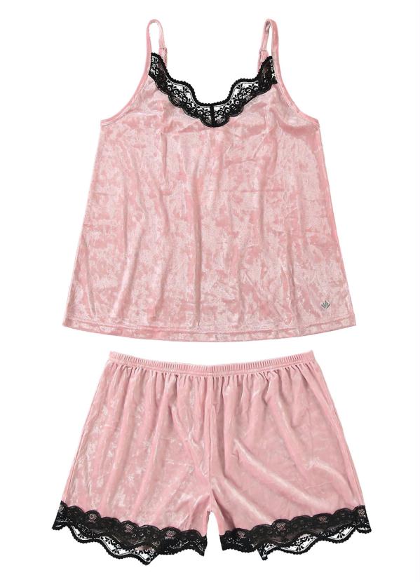 Pijama Rosa Claro Curto em Veludo Molhado - Malwee