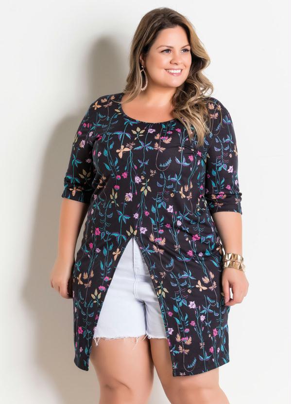 Blusa Alongada com Fenda Frontal Floral Dark - Marguerite
