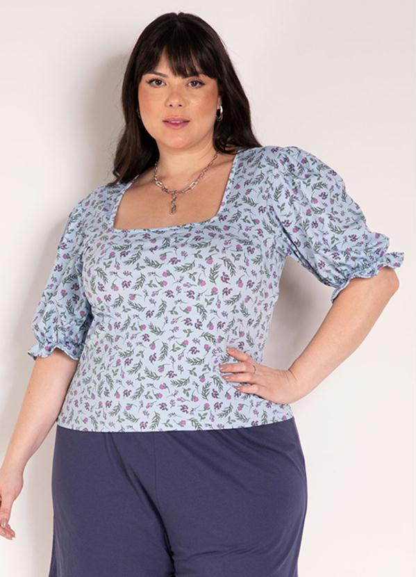 Blusa Floral Azul com Mangas Bufantes Plus Size - Marguerite