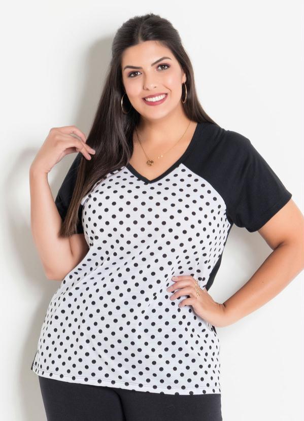 Blusa Mangas Raglan Plus Size Poá Preta - Marguerite