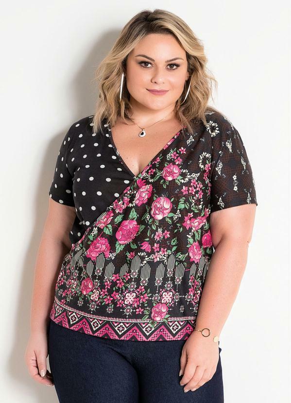Blusa Mix De Estampas Floral Poá Plus Size Marguerite