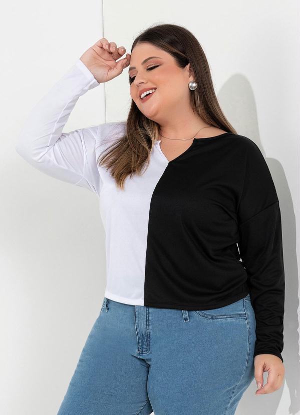 Marguerite Blusa Preta E Branca Mangas Longas Plus Size