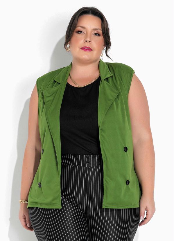 Colete Verde com Gola e Botões Plus Size - Marguerite