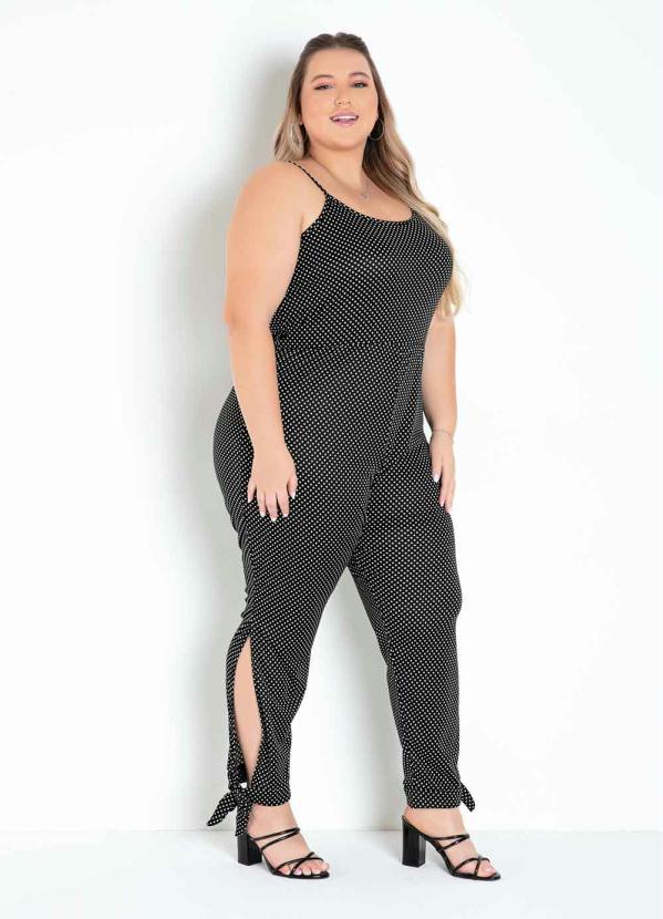 Macacão Poá Preto Com Fendas Plus Size Marguerite