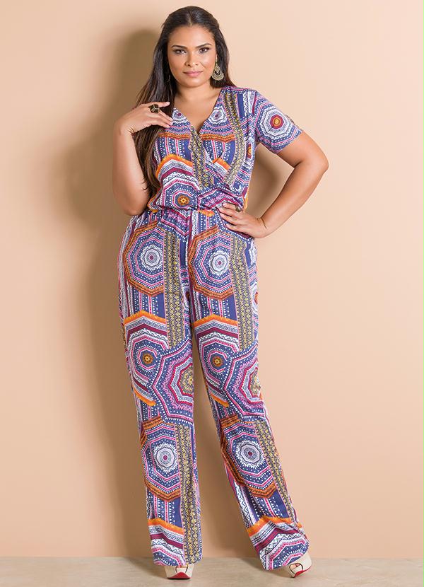 Macacão Decote Transpassado étnico Plus Size Marguerite