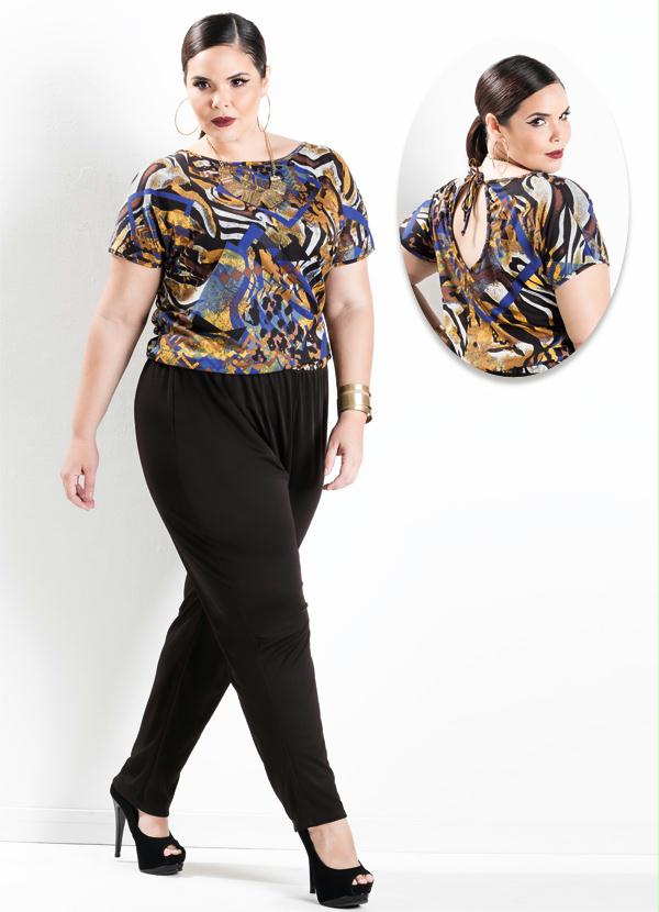 Macacão Manga Curta étnico E Preto Plus Size Marguerite