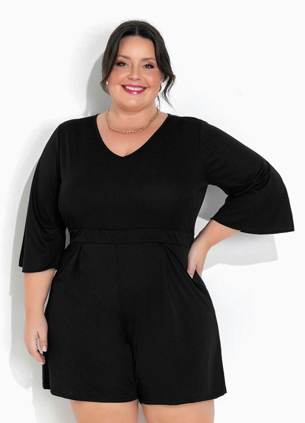 Macaquinho Preto com Elástico Plus Size - Marguerite