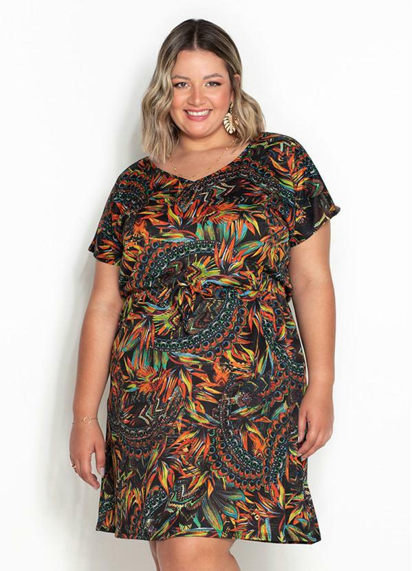 Vestido Folhagem Preta Com Mangas Plus Size Marguerite