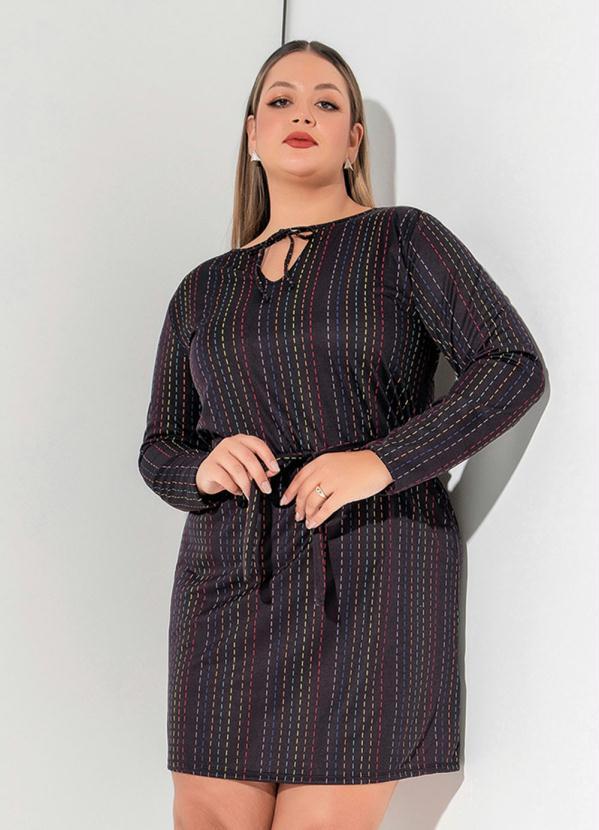 Vestido Listrado Preto Com Mangas Plus Size Marguerite