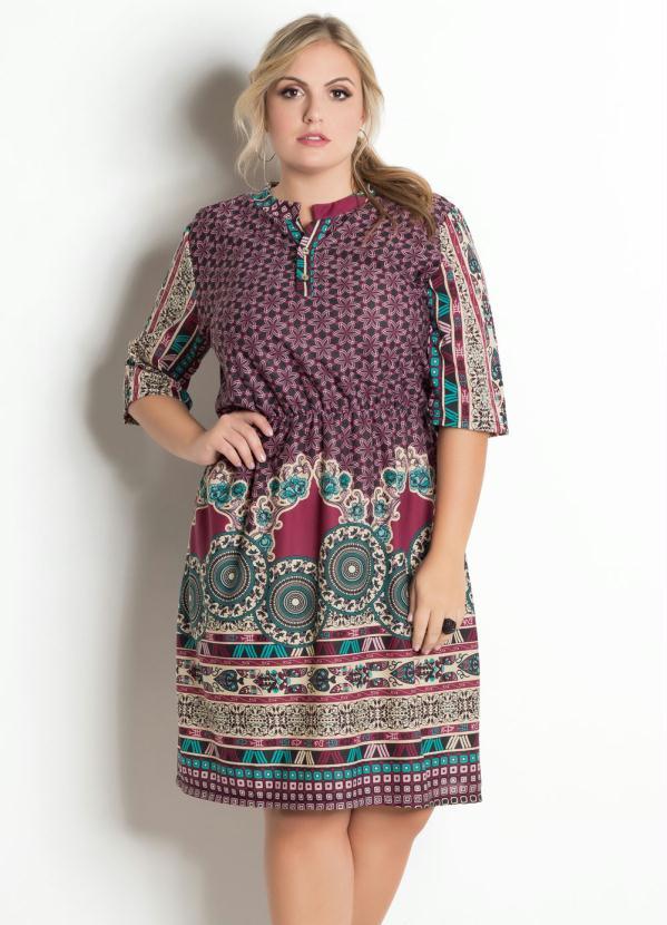 Vestido Manga 3 4 Étnica Plus Size Marguerite Marguerite