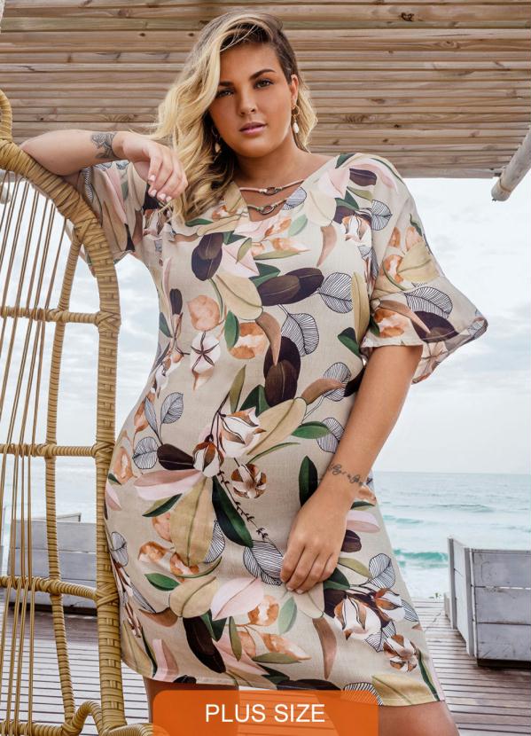 Vestido Plus Size Estampado Secret Glam Bege - Secret Glam