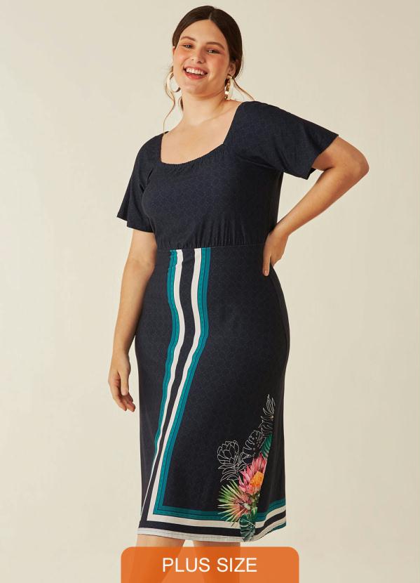 Vestido Azul Mídi Decote V Plus - Malwee