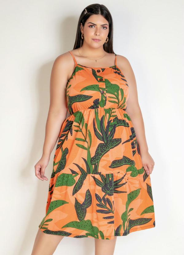 Marguerite Vestido Folhagem Laranja Com Elástico Plus Size
