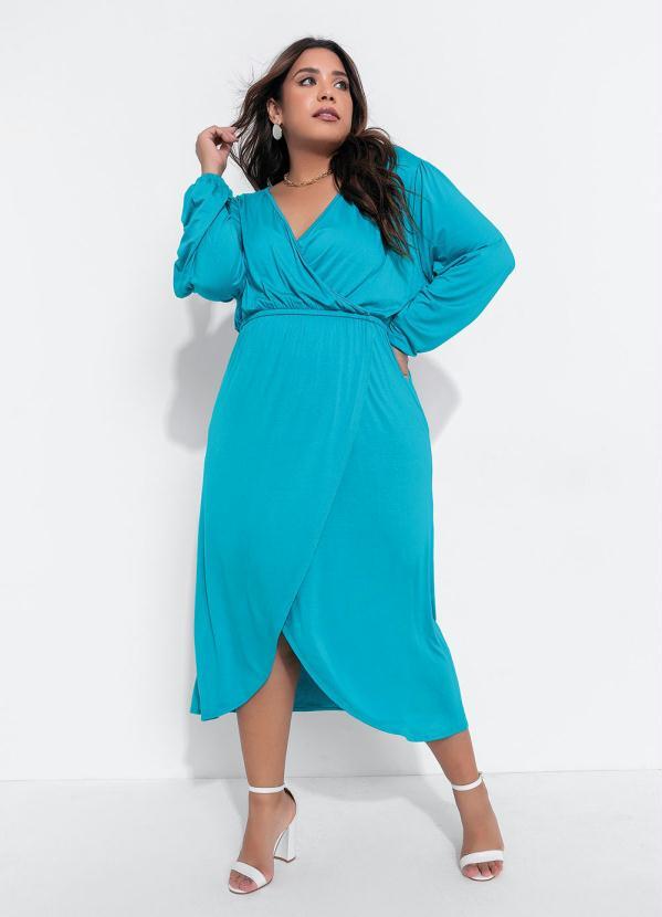 Vestido Plus Size Azul Com Decote Transpassado Mink